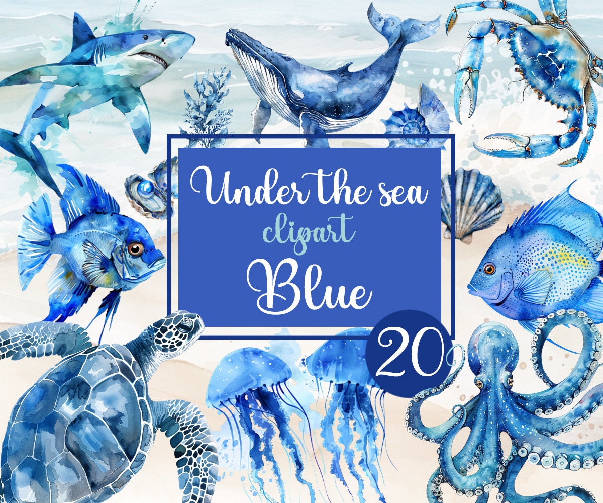 Watercolor Under the Sea Blue Clipart, Ocean Clipart, Whales and Sharks ...