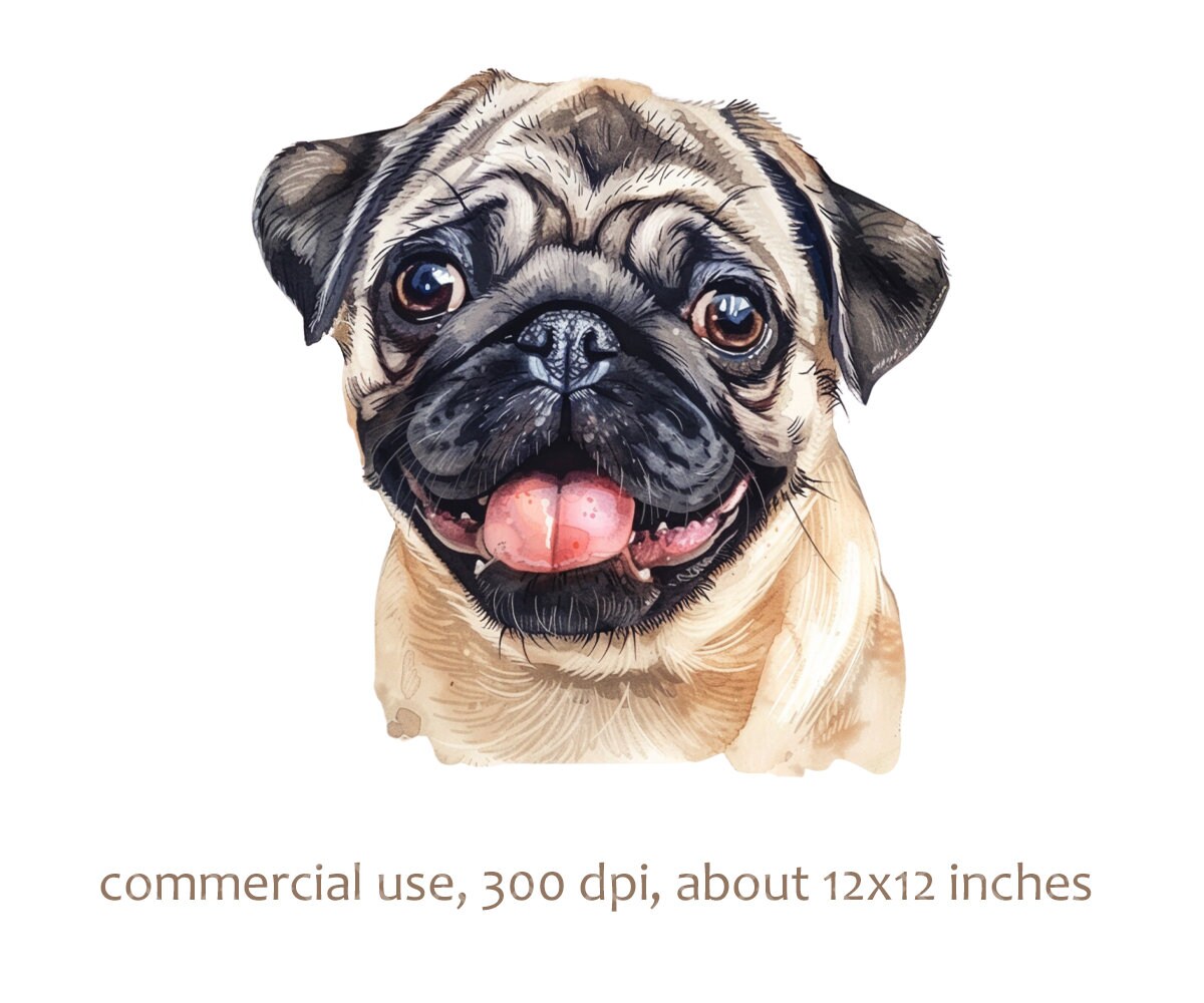 10 Watercolor Pug Clipart, Printable Dogs Watercolor Clipart, Digital ...