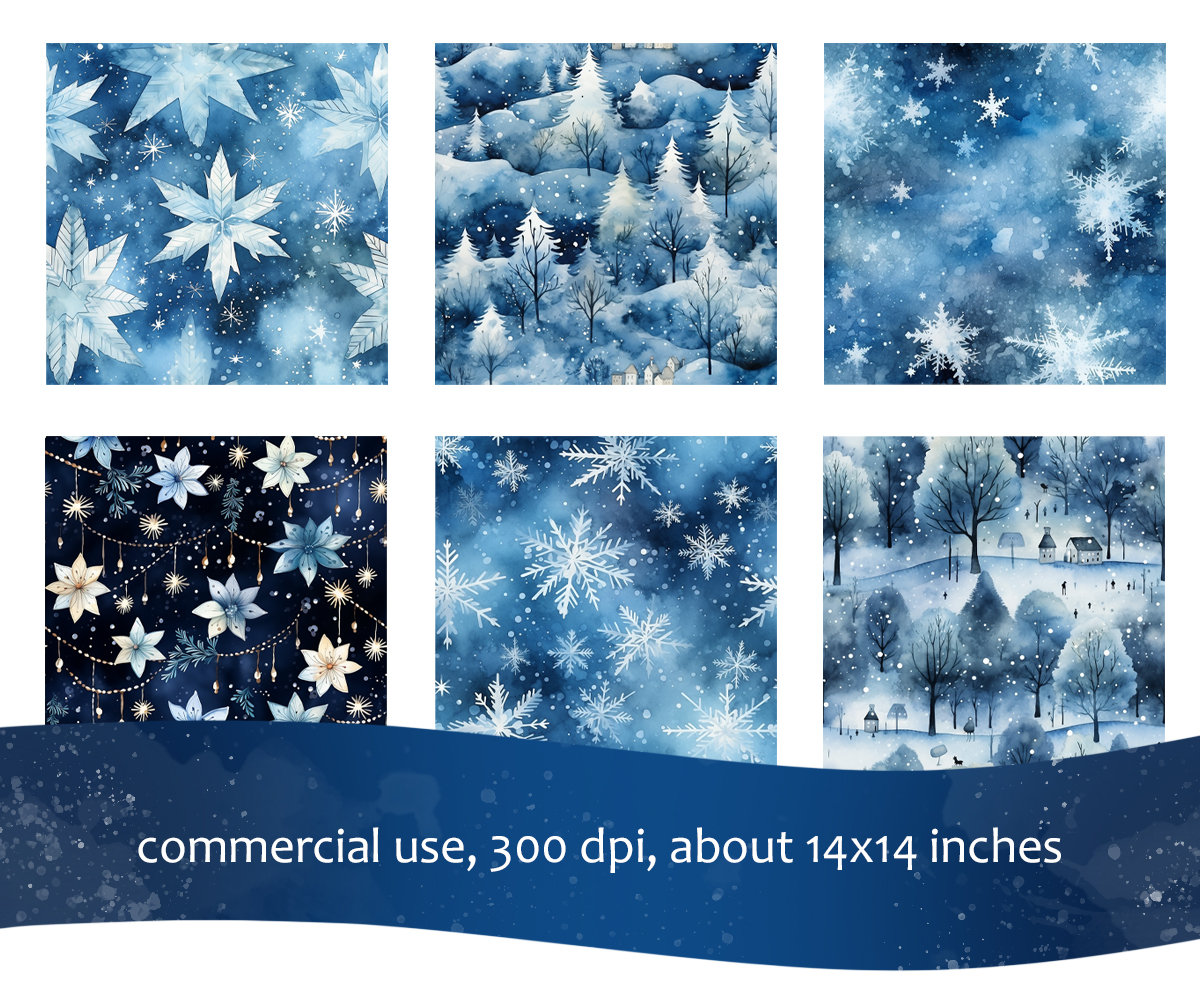 Blue Watercolor Christmas Seamless Pattern, Printable Digital Paper ...