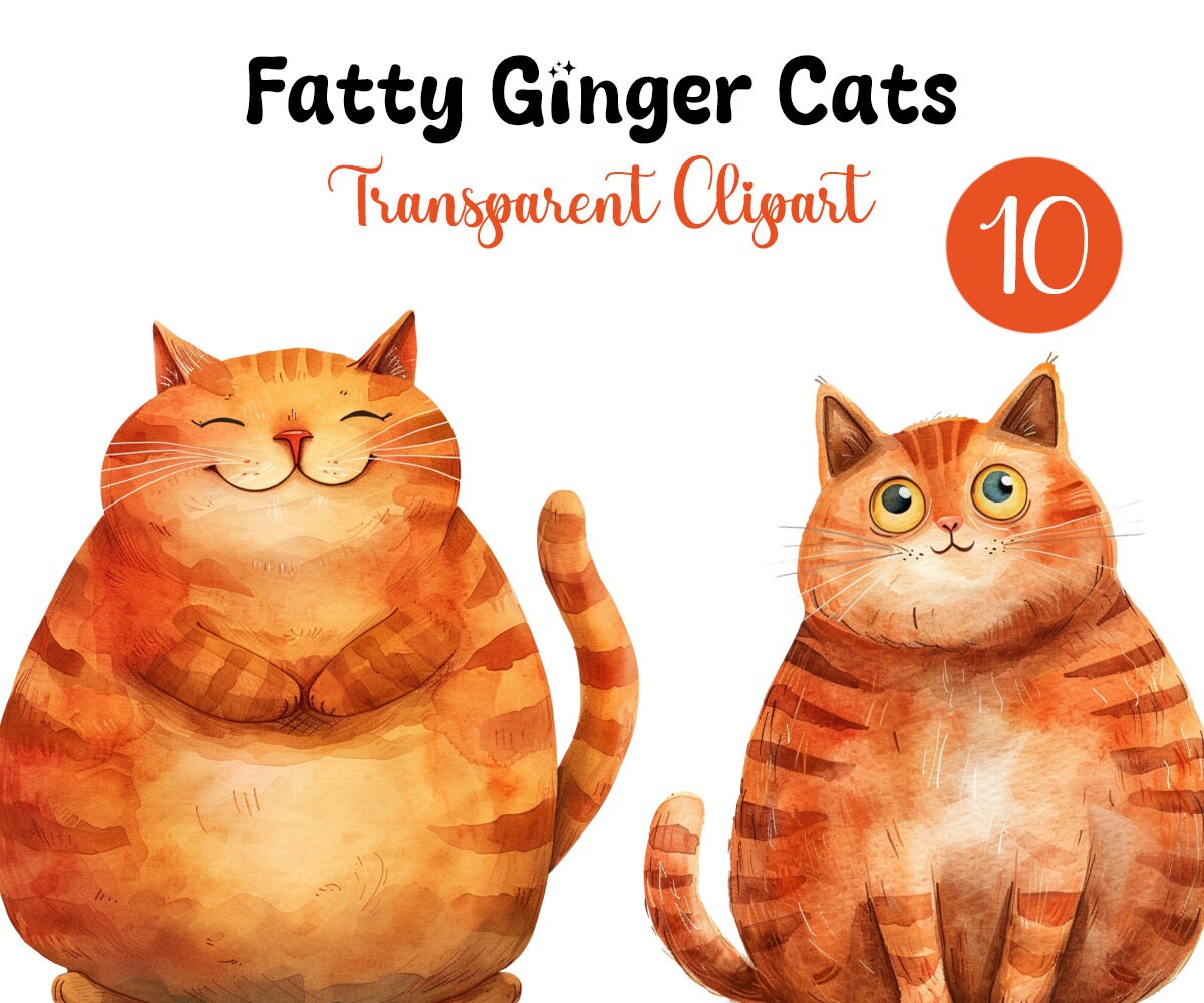 10 Watercolor Fatty Ginger Cats Clipart, Printable Cartoon Cats ...