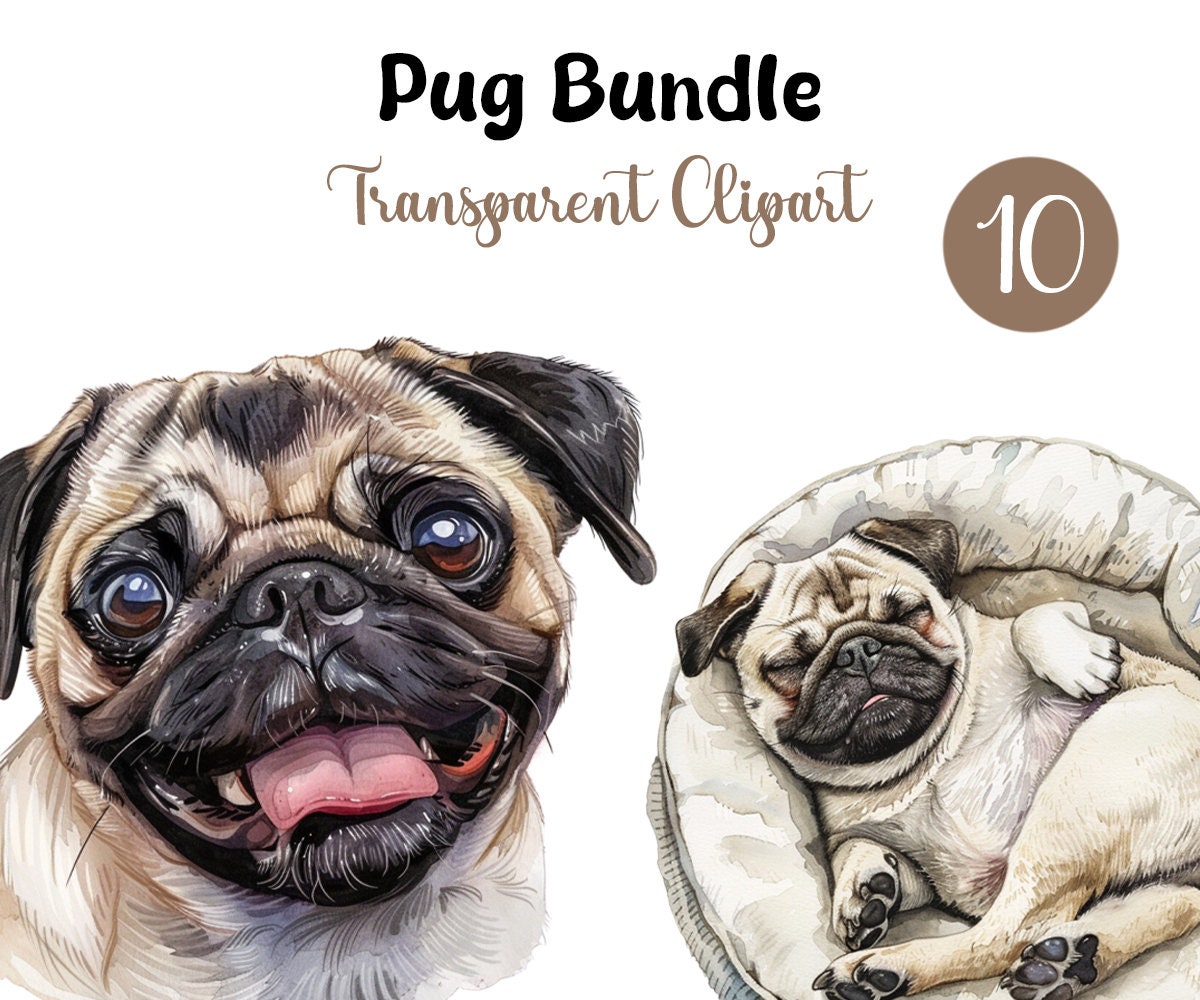 10 Watercolor Pug Clipart, Printable Dogs Watercolor Clipart, Digital ...
