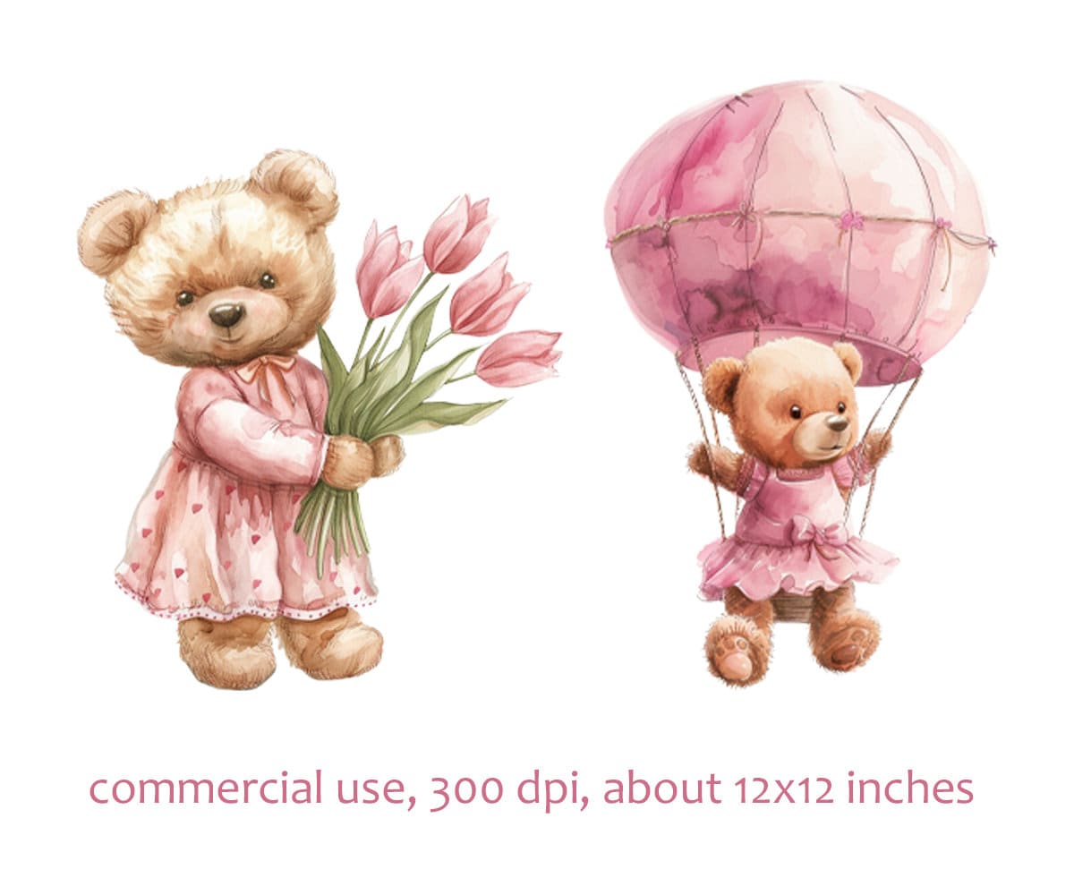 Sweet Baby Girl Teddy Bear Clipart Bundle Watercolor Baby Shower ...