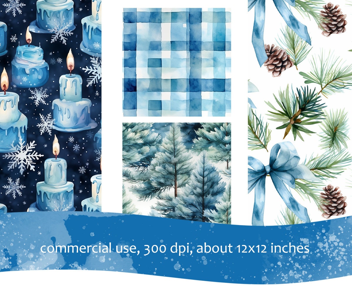 Blue Watercolor Christmas Seamless Pattern, Digital Christmas Papers ...