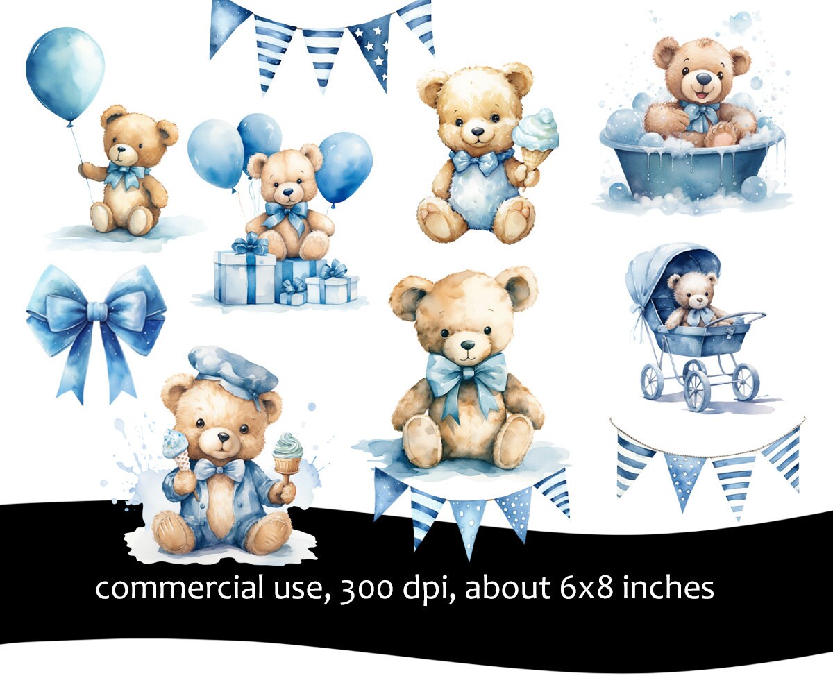 Watercolor Blue Teddy Bear Clipart: Baby Shower Decoration (PNG Files ...