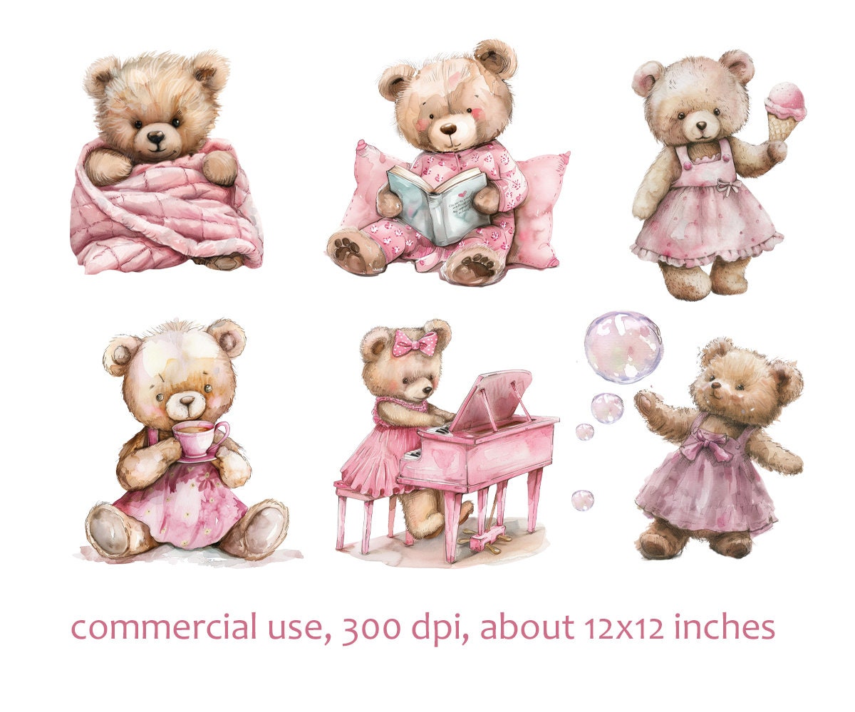 Sweet Baby Girl Teddy Bear Clipart Bundle Watercolor Baby Shower ...