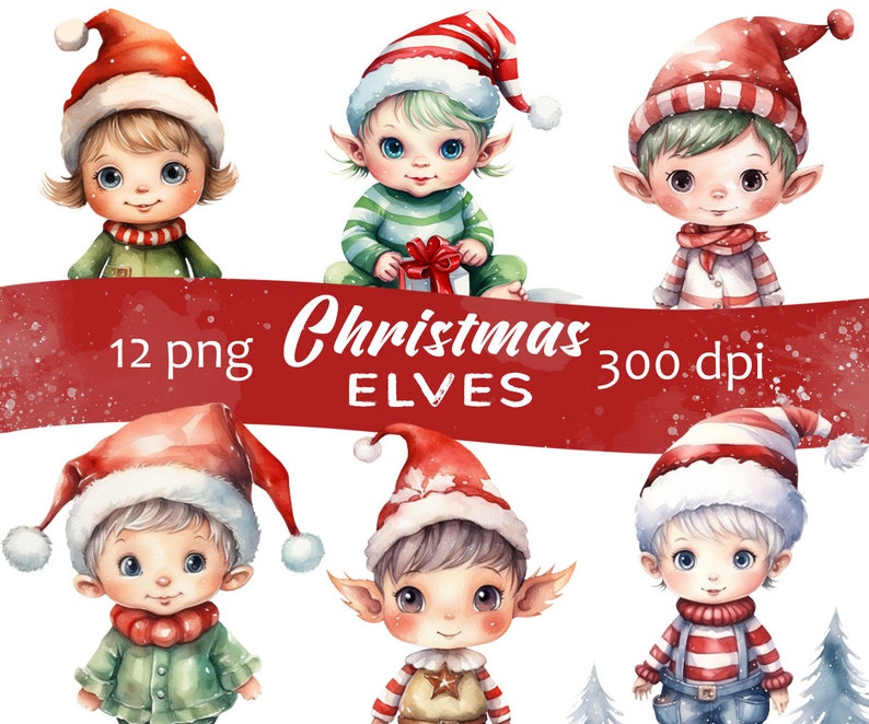 Watercolor Christmas Cute Elves Clipart, Elves Clipart, Cute Elves ...