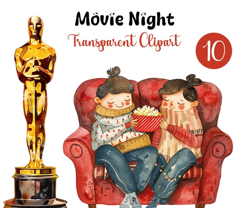 10 Watercolor Movie Night Bundle Clipart, Cinema Illustrations, Movie ...
