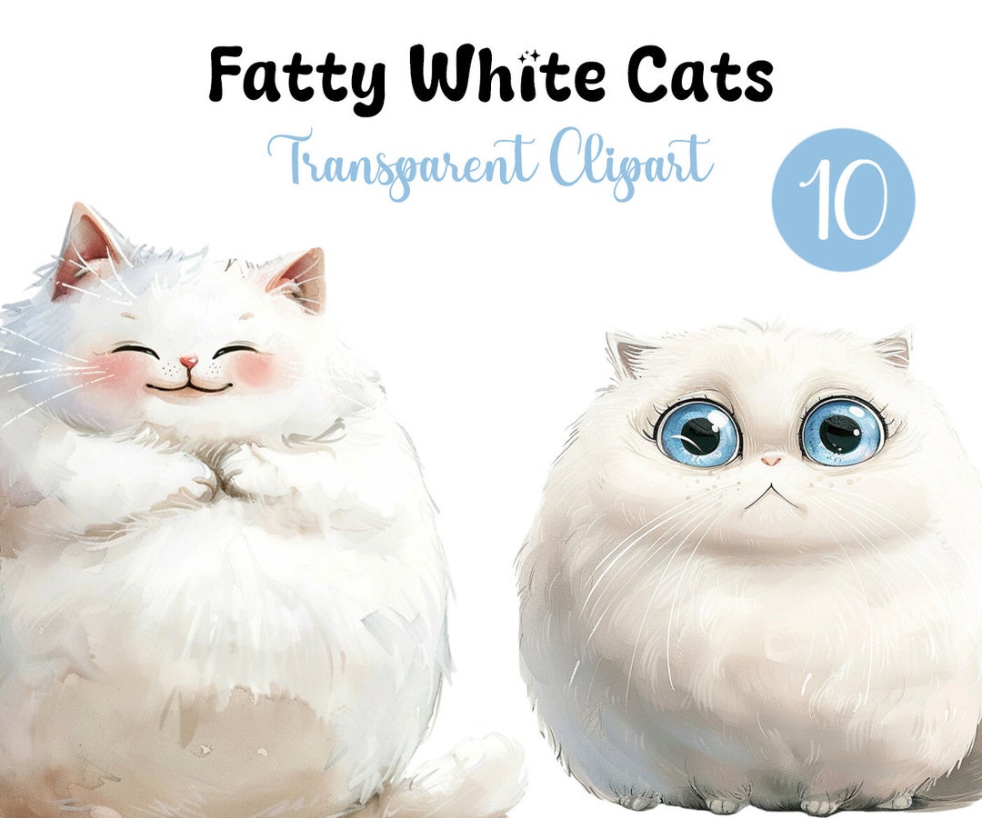 10 Watercolor Fatty White Cats Clipart, Printable Cartoon Cats ...
