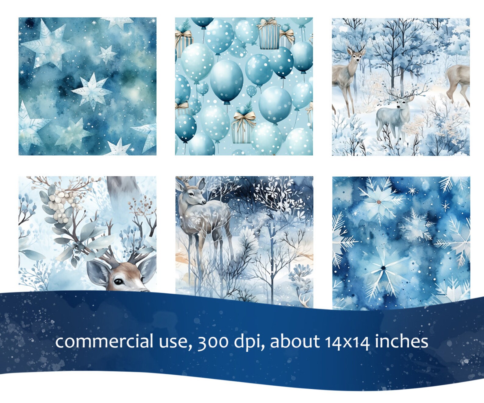 Blue Watercolor Christmas Seamless Pattern, Printable Digital Paper ...