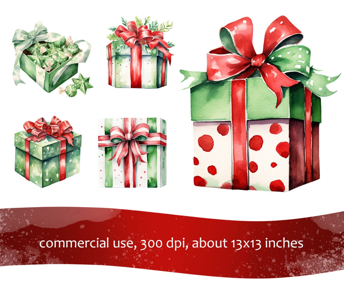 Christmas Red Green Gifts Watercolor Clipart, Christmas Presents ...