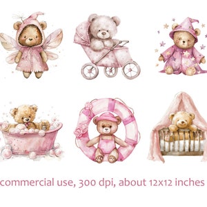 Sweet Baby Girl Teddy Bear Clipart Bundle - Watercolor Baby Shower ...