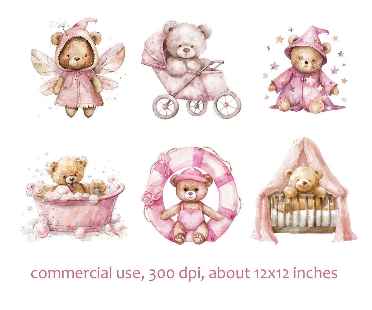 Sweet Baby Girl Teddy Bear Clipart Bundle Watercolor Baby Shower ...