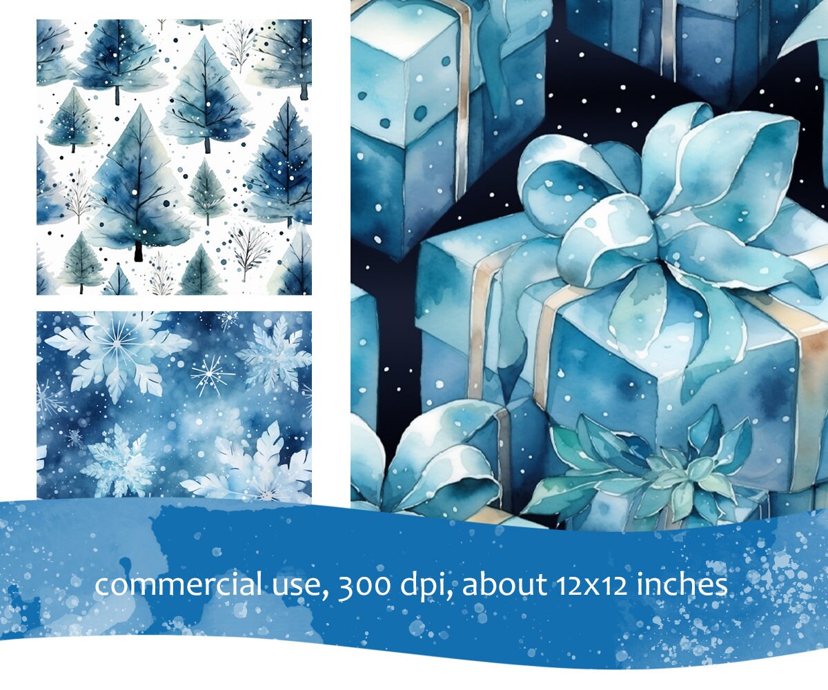Blue Watercolor Christmas Seamless Pattern, Digital Christmas Papers ...