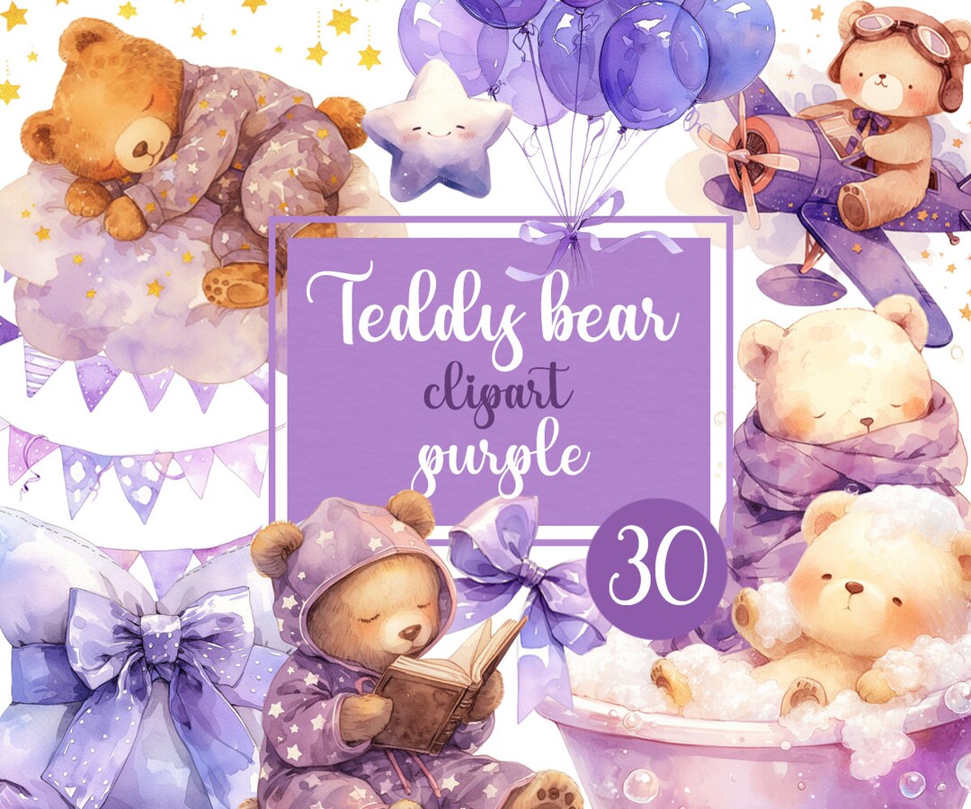 VIOLET TEDDY BEAR - 30 Watercolor Clip Arts, Baby Shower for a Boy and ...