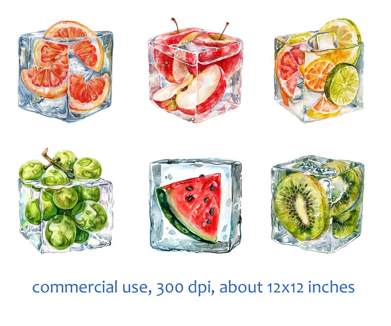 Watercolor Fruit Ice Cubes Clipart: Cocktail PNG Graphics (digital ...