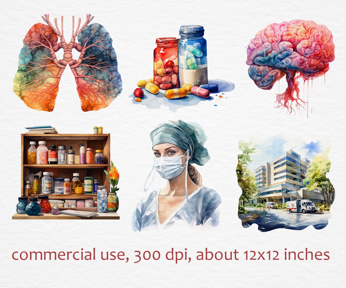 Watercolor Medical Clipart, Health, Doctor, Nurse, Ambulance, Hospital ...