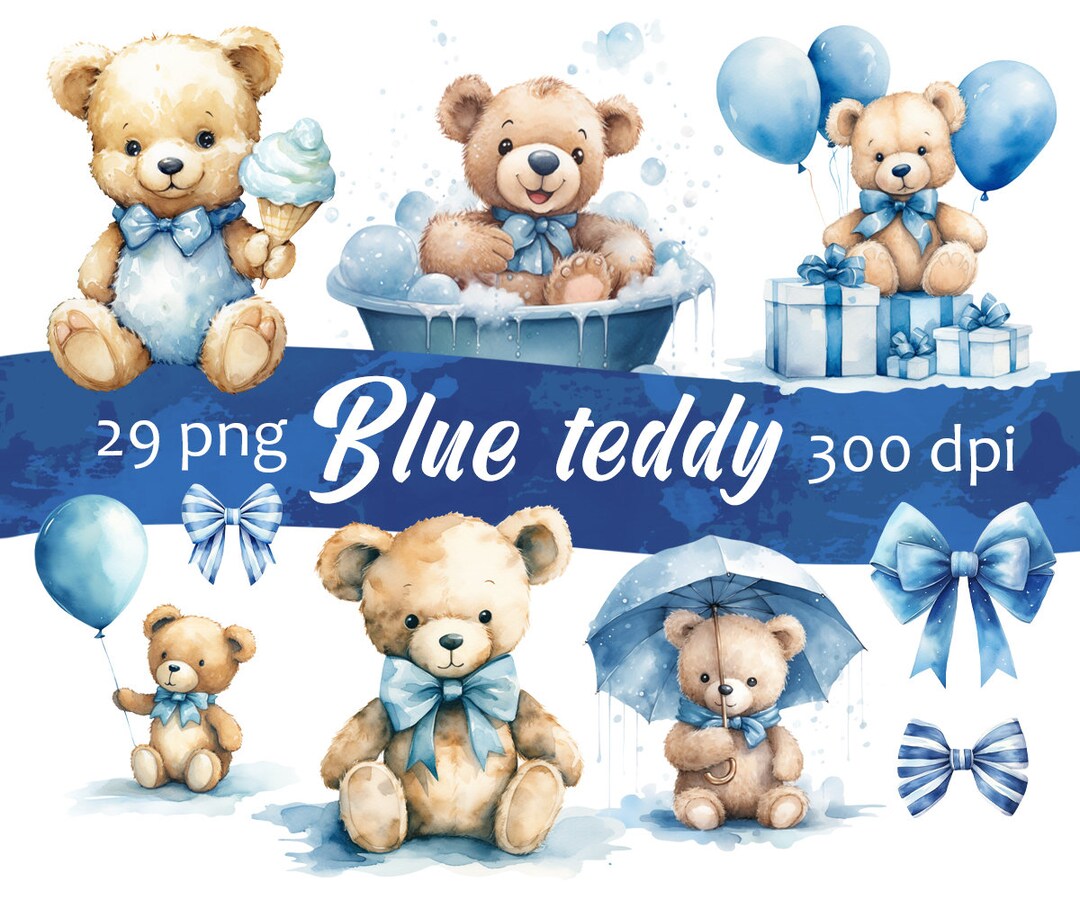 Watercolor Blue Teddy Bear Clipart: Baby Shower Decoration (PNG Files ...