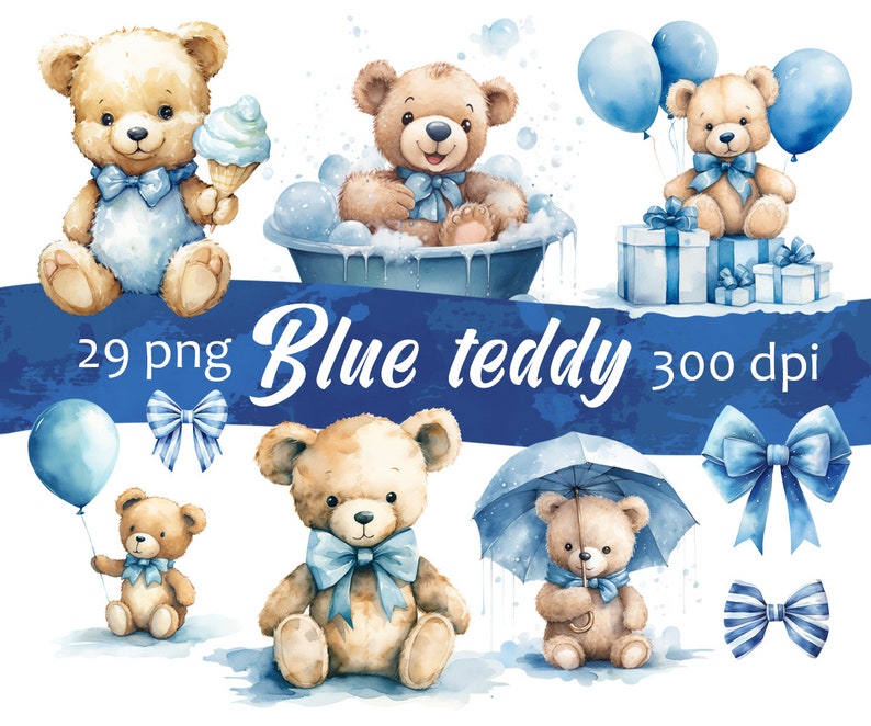 Blue Teddy Bear Watercolor Clipart, Baby Boy Clipart, Baby Shower for a ...