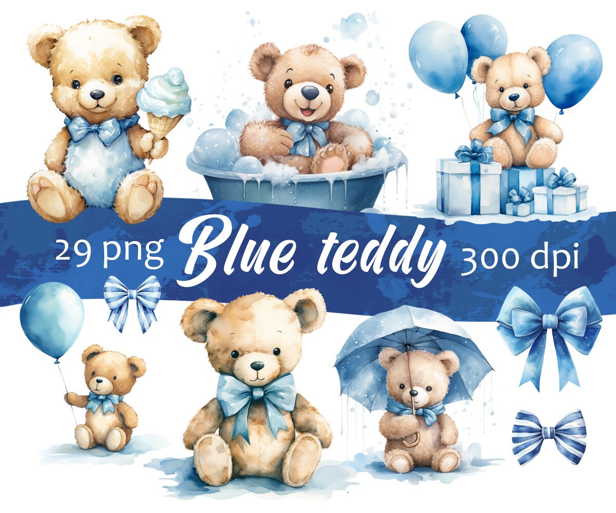 Blue Teddy Bear Watercolor Clipart, Baby Boy Clipart, Baby Shower for a ...