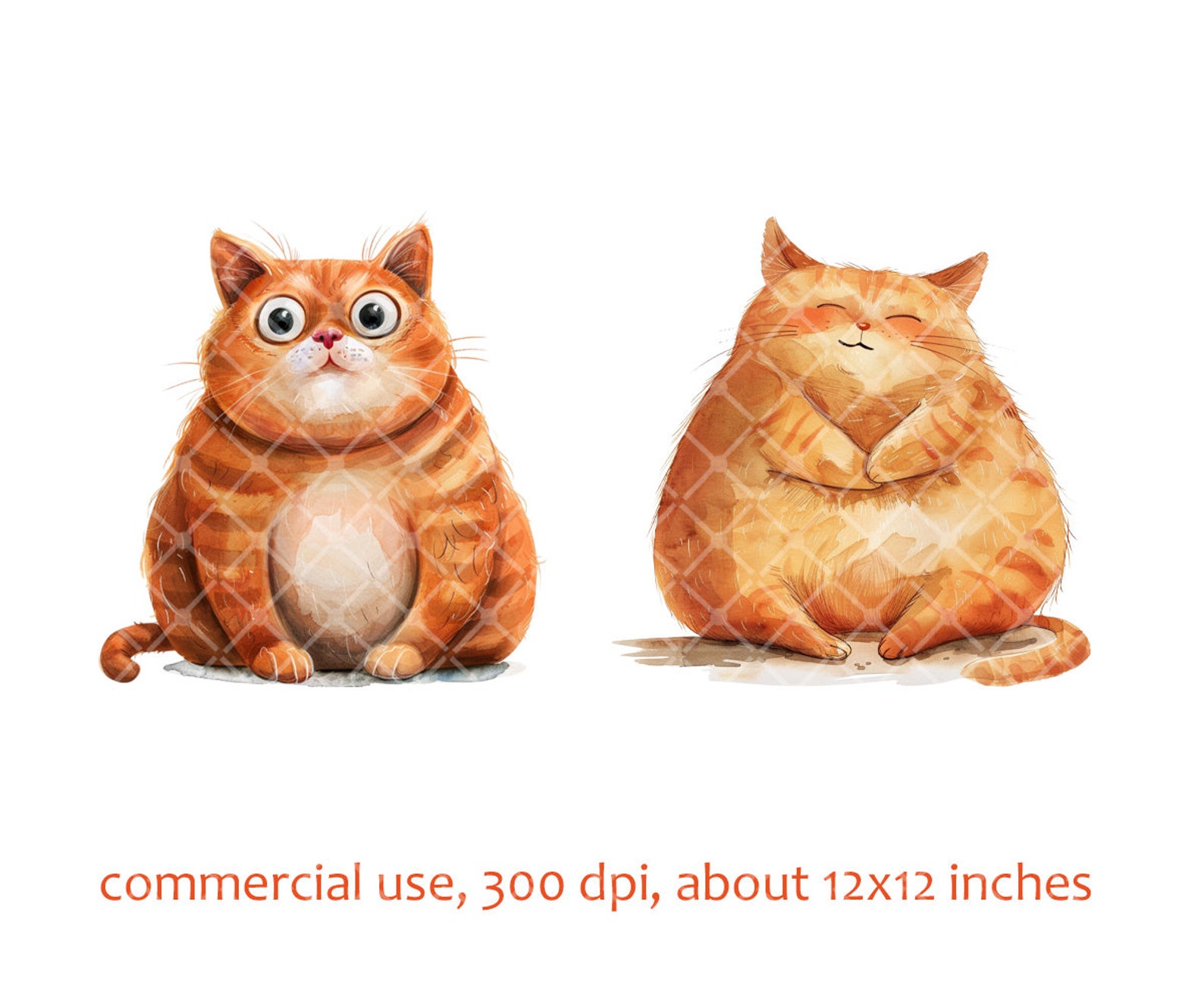 10 Watercolor Fatty Ginger Cats Clipart, Printable Cartoon Cats ...