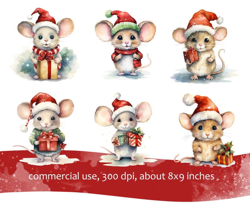 Christmas Mice PNG Clipart, Winter Watercolor Bundle, Mice Clipart ...