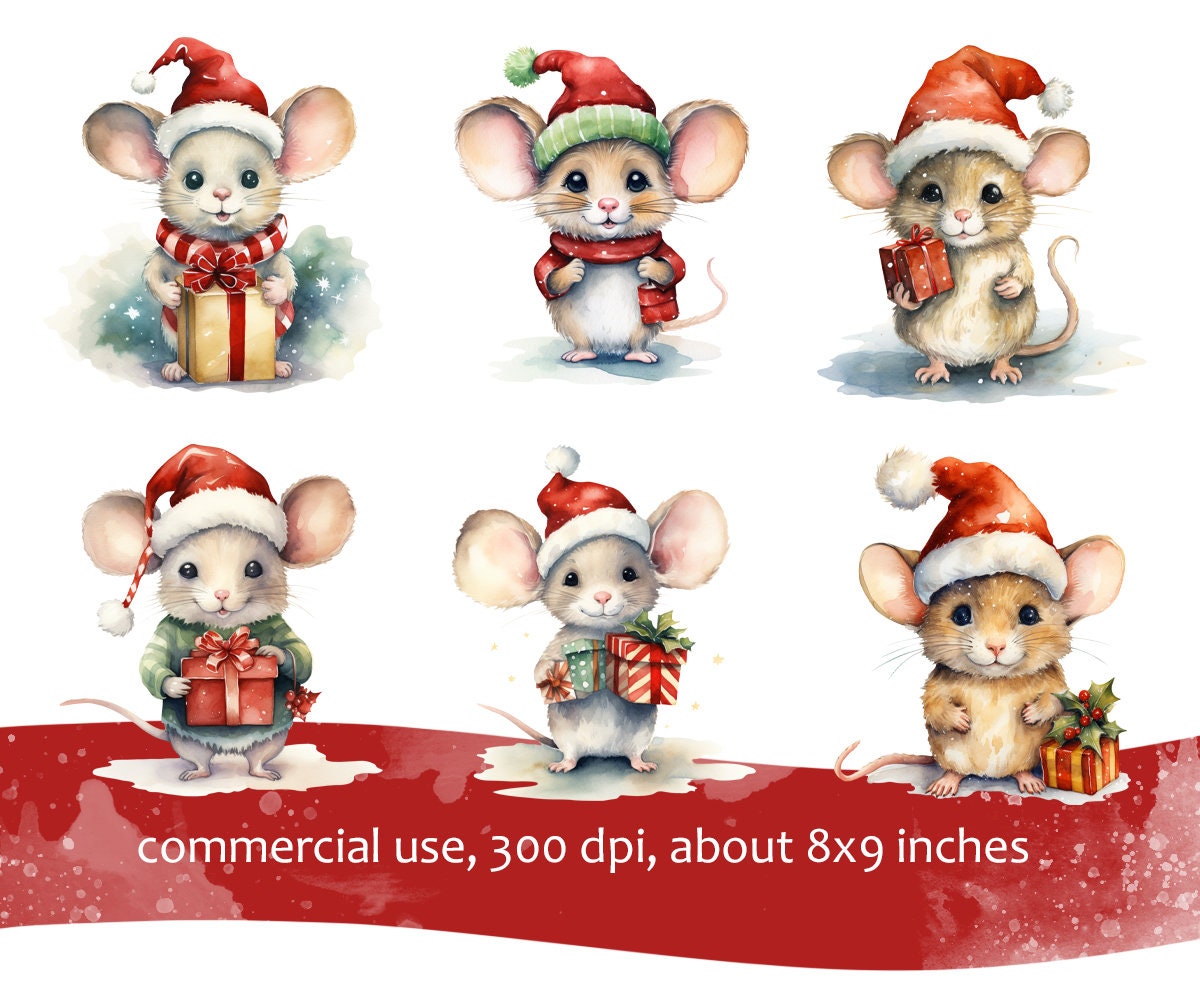 Christmas Mice PNG Clipart, Winter Watercolor Bundle, Mice Clipart ...