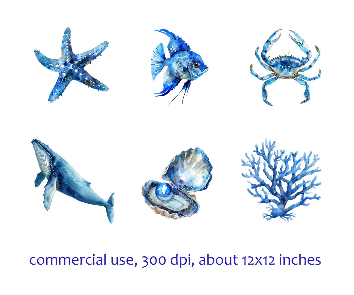 Watercolor Under the Sea Blue Clipart, Ocean Clipart, Whales and Sharks ...
