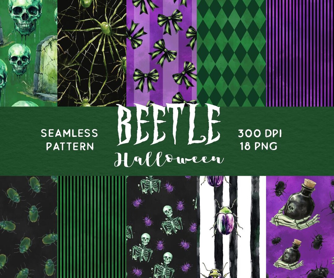 Purple and Green Seamless Pattern With Beetle, Cool Halloween Digital ...