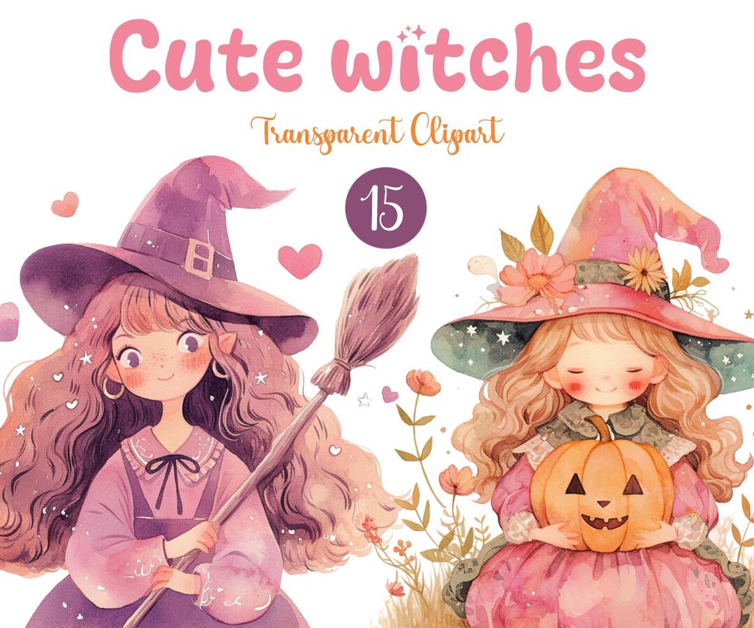 Cute Witch Watercolor Clipart PNG - Instant Download, High Quality ...