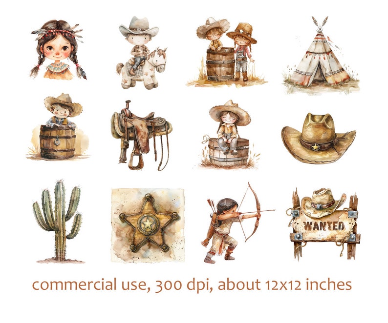 Wild West Watercolor Clipart, Watercolor Wild West for Scrapbooking ...