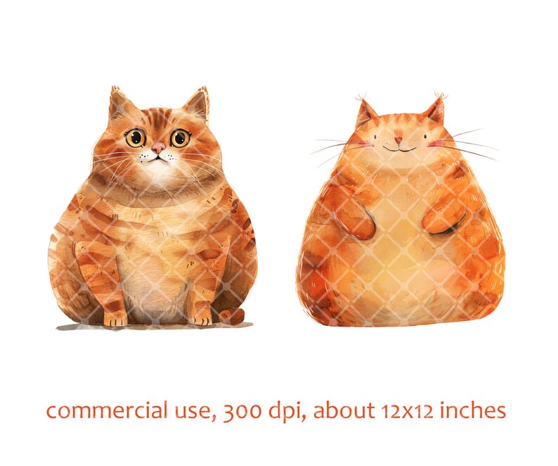 10 Watercolor Fatty Ginger Cats Clipart, Printable Cartoon Cats ...
