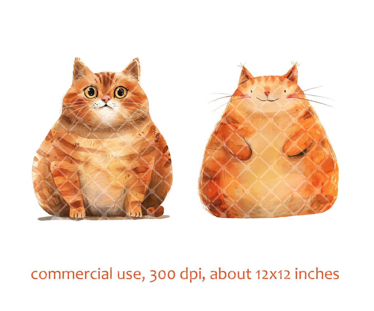 10 Watercolor Fatty Ginger Cats Clipart, Printable Cartoon Cats ...