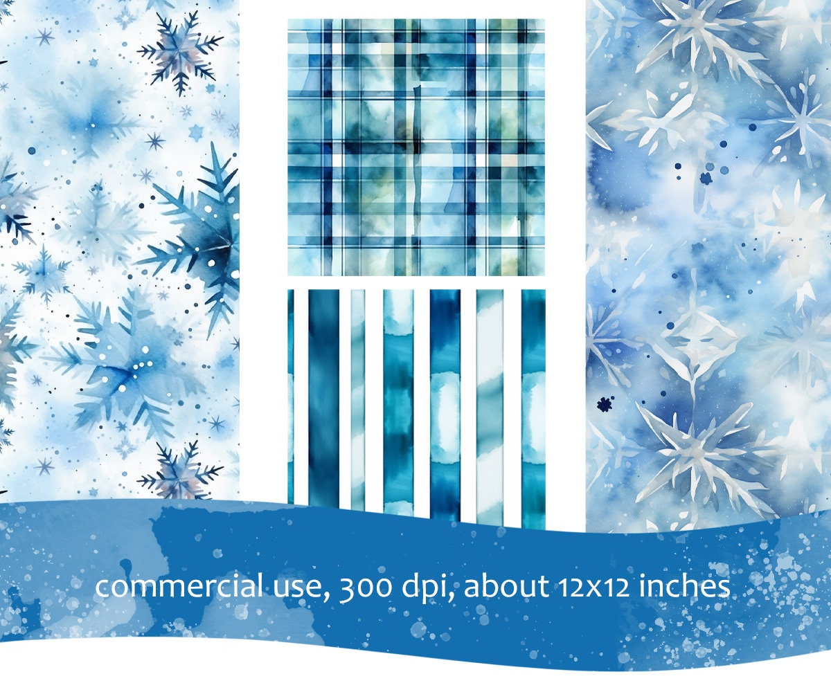 Blue Watercolor Christmas Seamless Pattern, Digital Christmas Papers ...
