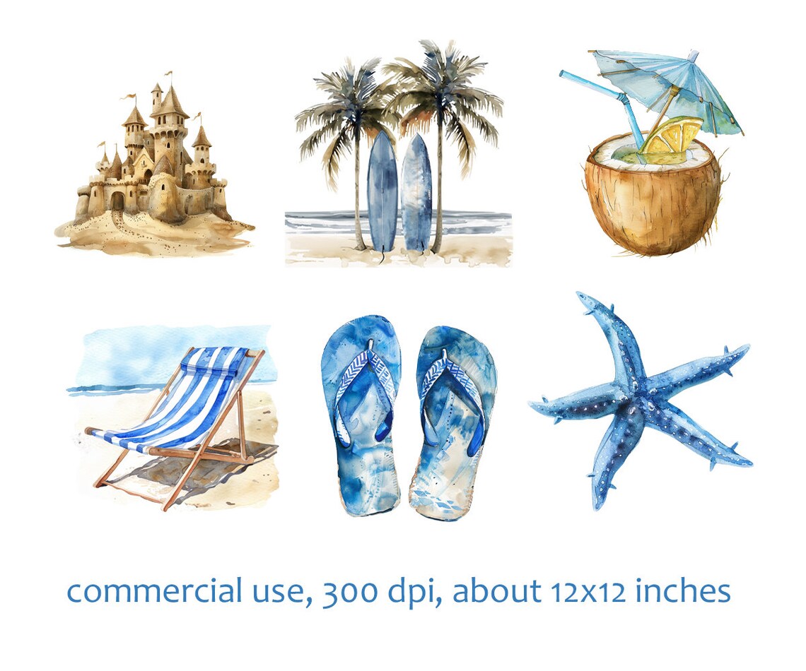 Watercolor Blue Summer Clipart, Ocean Clipart, Summer on the Beach ...
