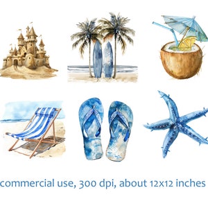 Watercolor Blue Summer Clipart, Ocean Clipart, Summer on the Beach ...