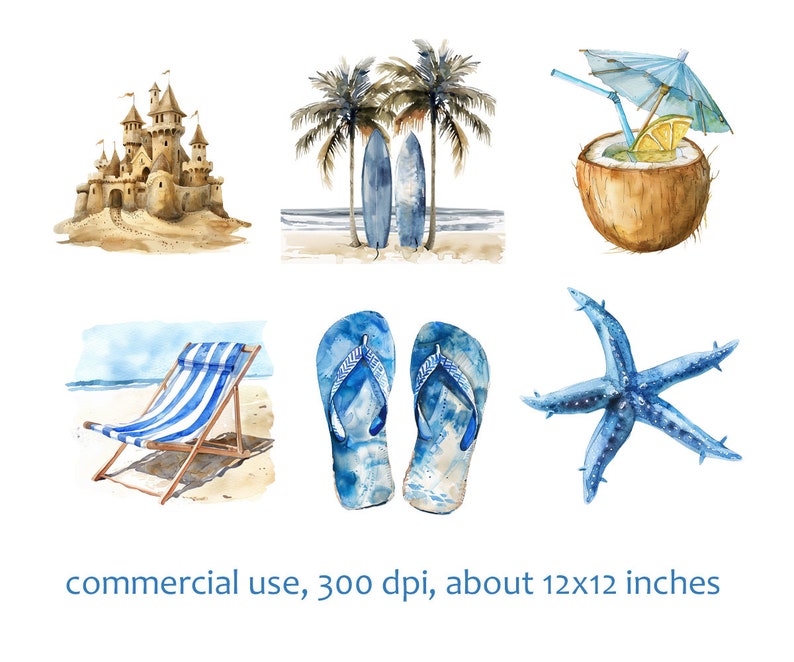 Watercolor Blue Summer Clipart, Ocean Clipart, Summer on the Beach ...