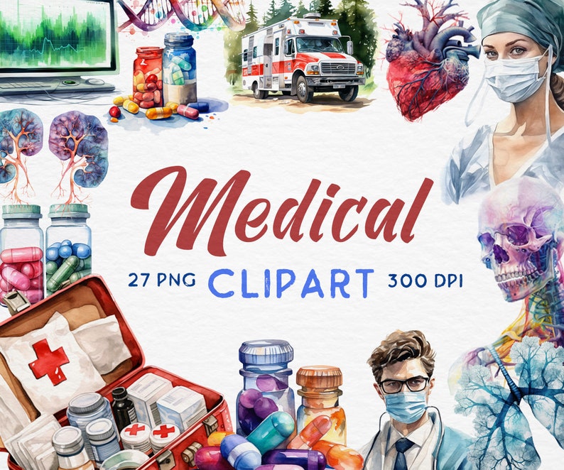 Watercolor Medical Clipart, Health, Doctor, Nurse, Ambulance, Hospital ...