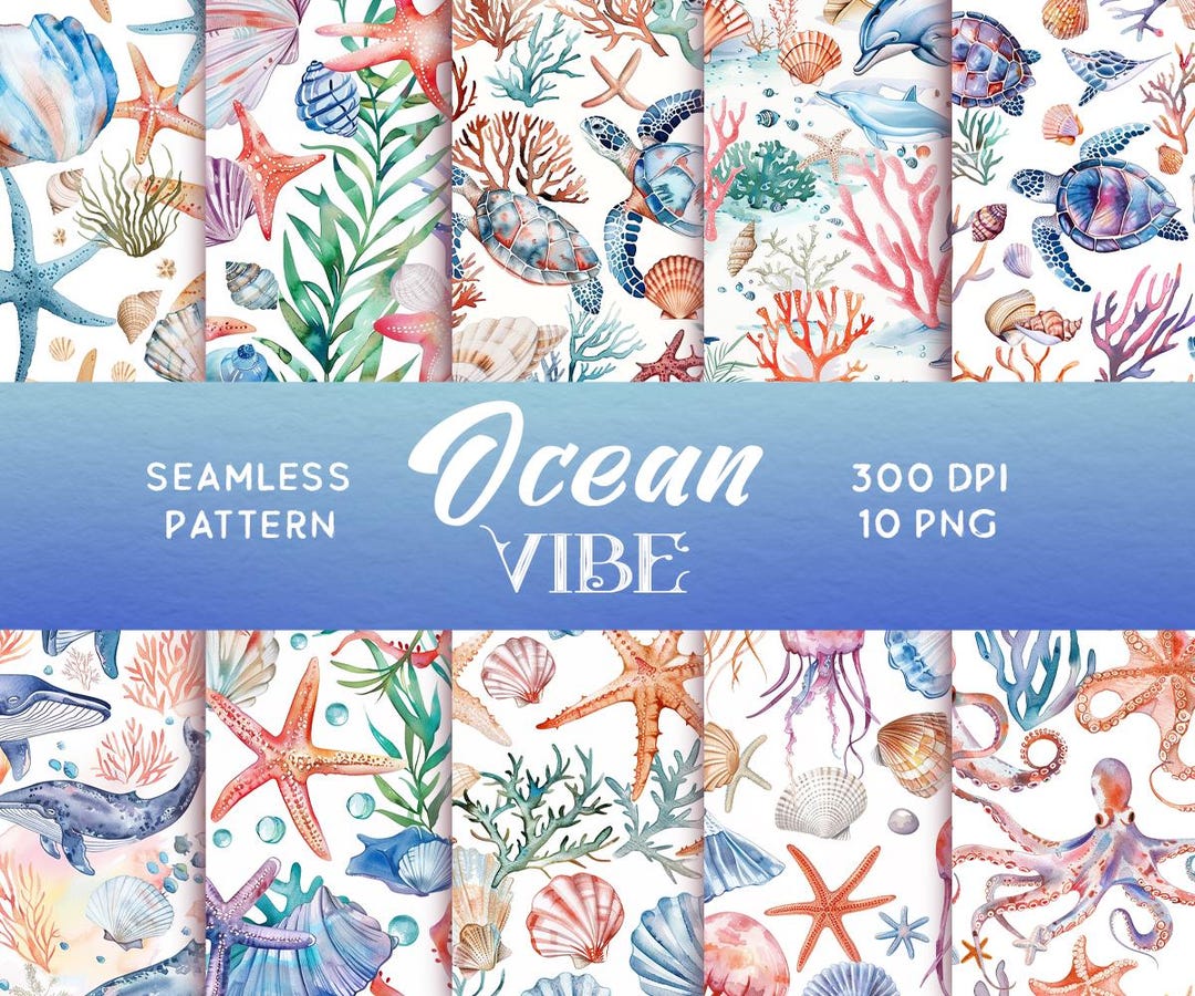 Ocean Vibe Seamless Pattern, Marine Life Pattern, Ocean Animals Paper ...