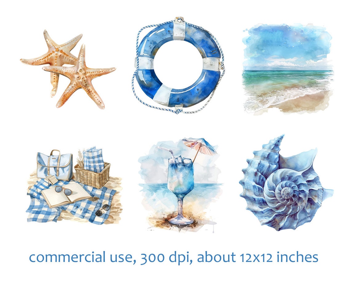 Watercolor Blue Summer Clipart, Ocean Clipart, Summer on the Beach ...