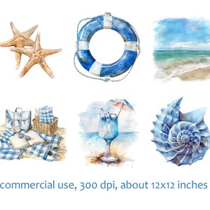 Watercolor Blue Summer Clipart, Ocean Clipart, Summer on the Beach ...