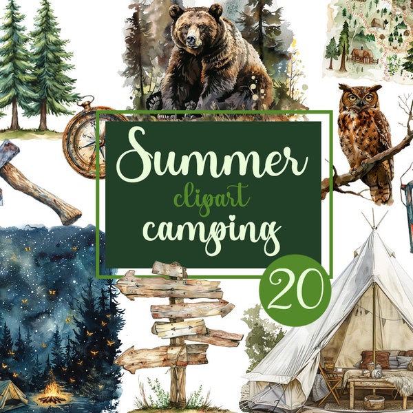 Watercolor Summer Camping Clipart, PNG, Forest Hiking, Travel Vacation ...