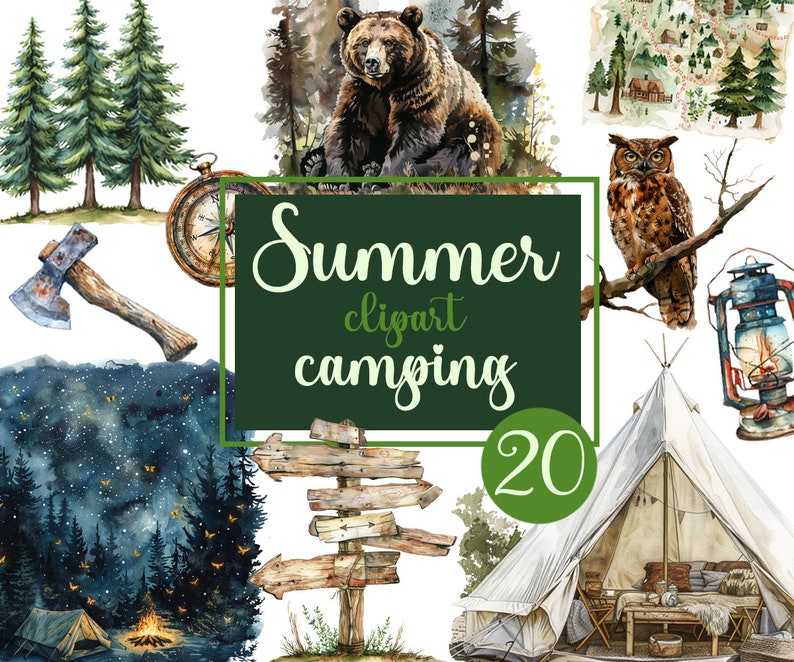 Watercolor Summer Camping Clipart, PNG, Forest Hiking, Travel Vacation ...