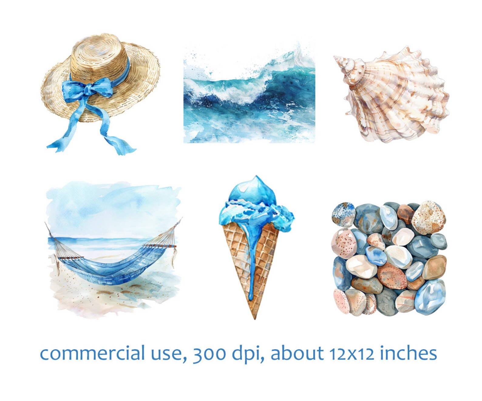 Watercolor Blue Summer Clipart, Ocean Clipart, Summer on the Beach ...