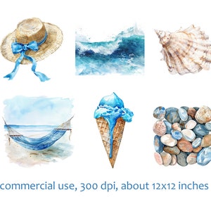 Watercolor Blue Summer Clipart, Ocean Clipart, Summer on the Beach ...