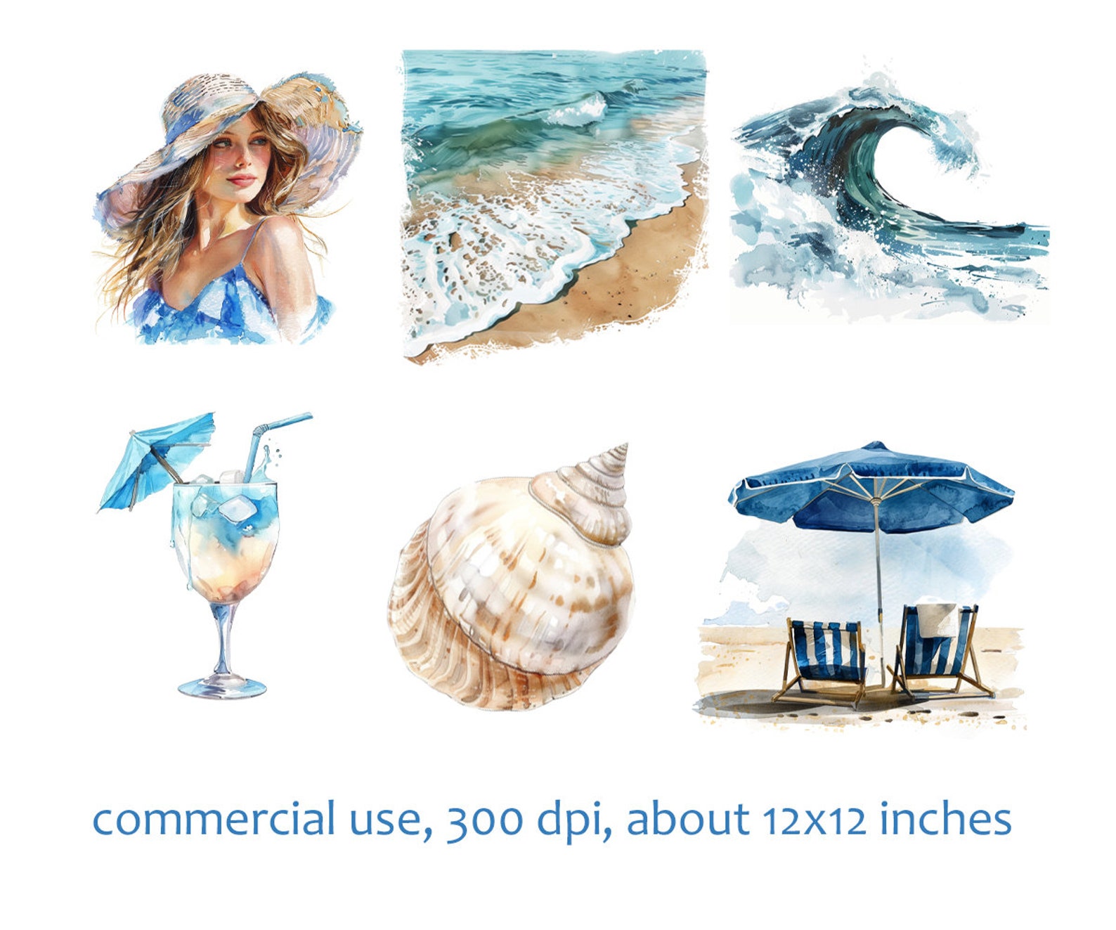 Watercolor Blue Summer Clipart, Ocean Clipart, Summer on the Beach ...