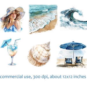 Watercolor Blue Summer Clipart, Ocean Clipart, Summer on the Beach ...