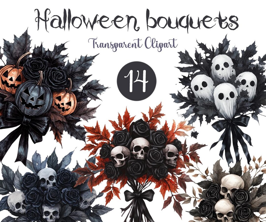 Gloomy Halloween Bouquets Clipart, Pumpkins, Ghosts, Skulls, Gothic ...