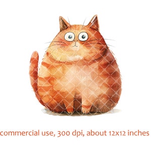 10 Watercolor Fatty Ginger Cats Clipart, Printable Cartoon Cats ...