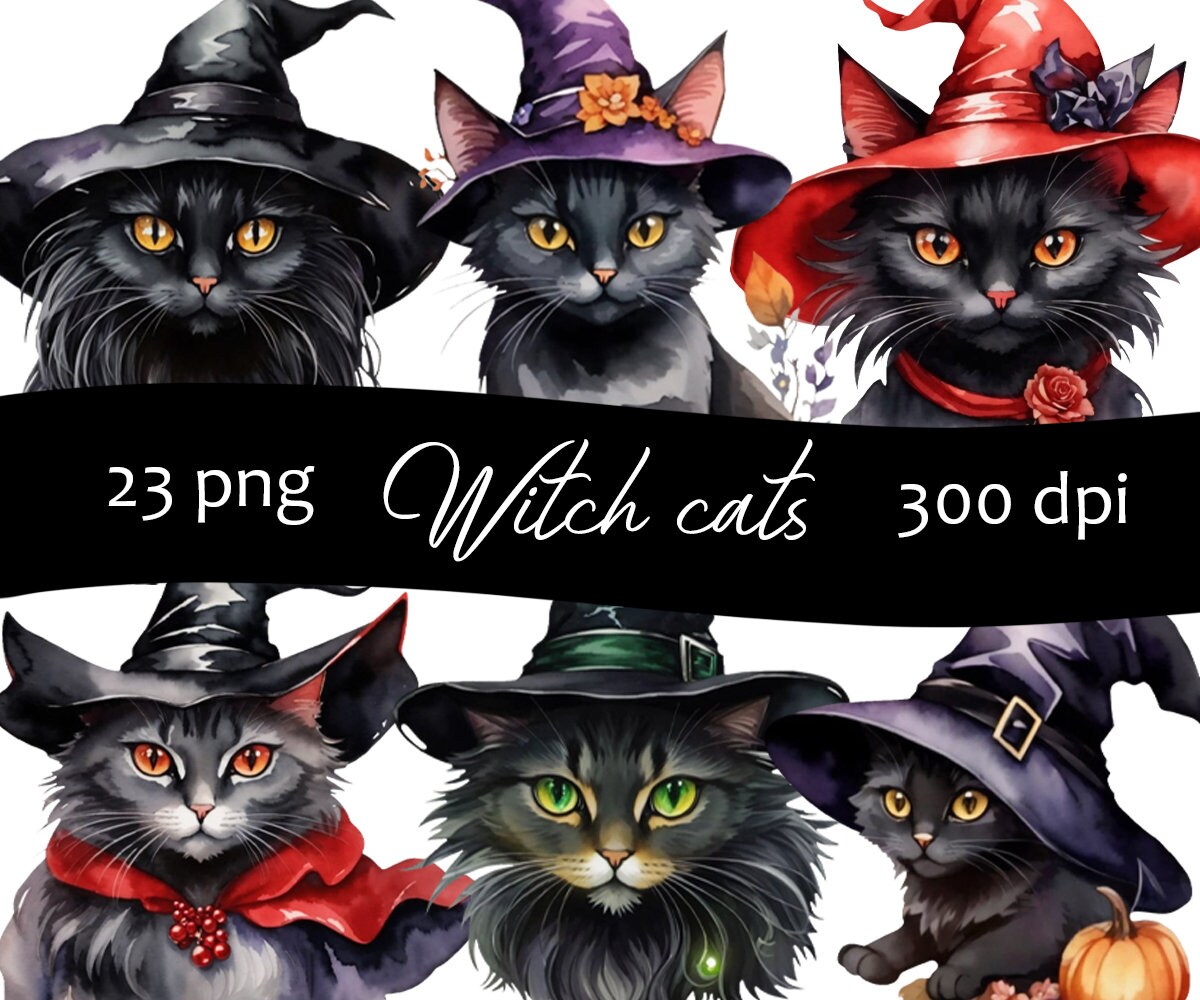 Halloween Black Cats Watercolor Clipart Watercolor Witch - Etsy