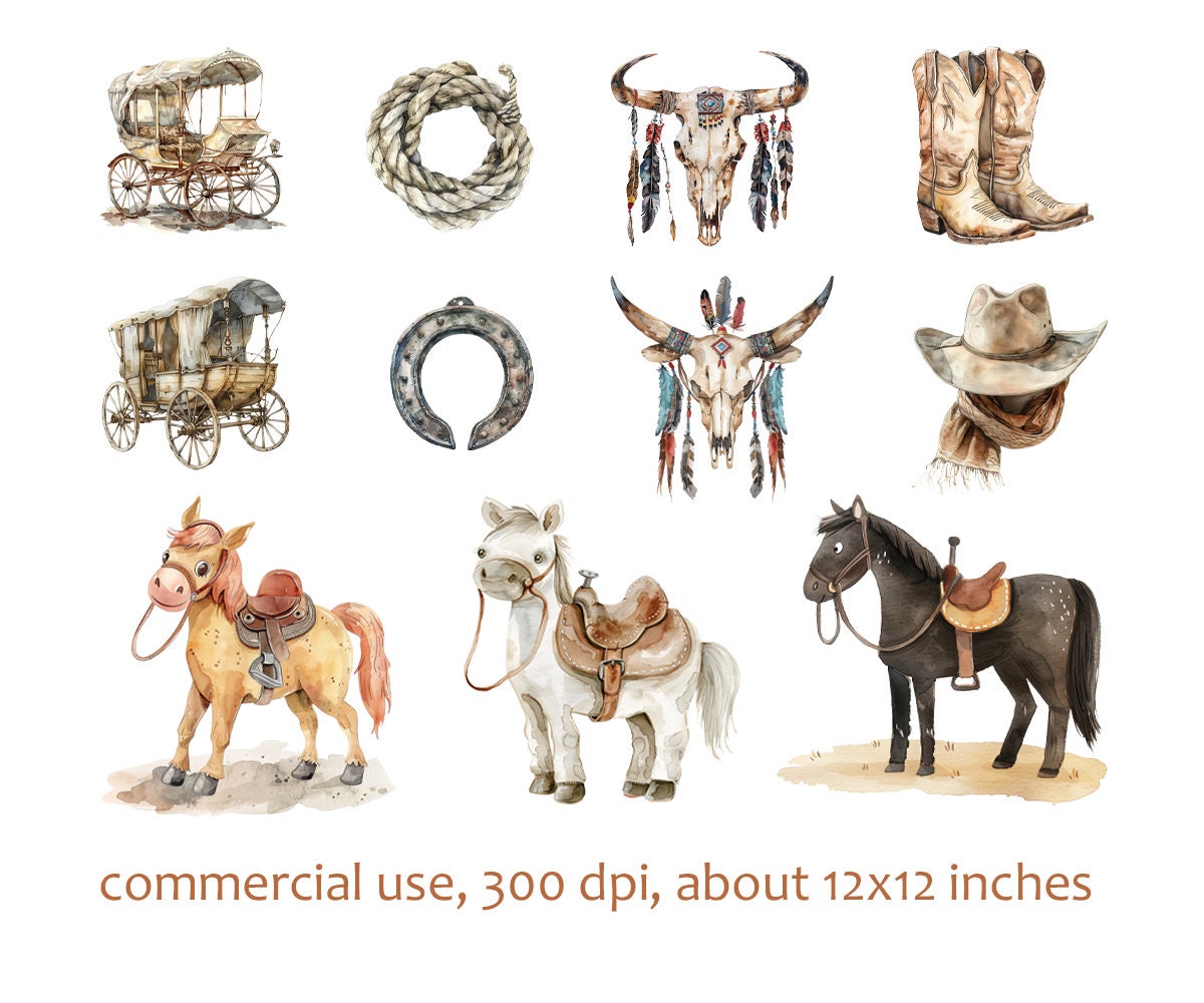 Wild West Watercolor Clipart, Watercolor Wild West for Scrapbooking ...